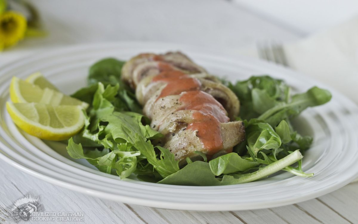 Bacon Wrapped Rabbit Loin with Bacon Strawberry Dressing